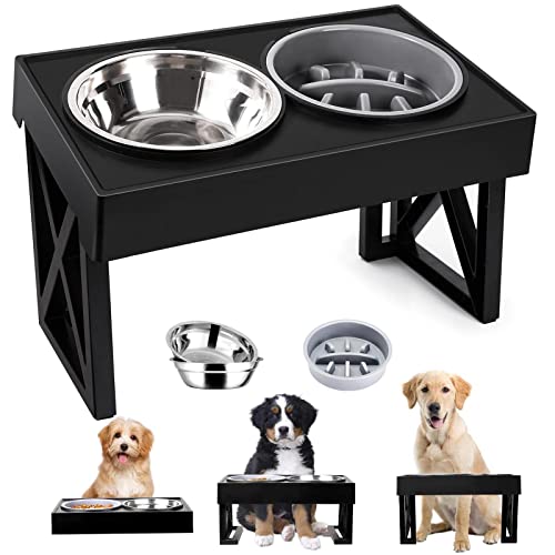 Elevated Dog Bowls for Large Dogs, Medium and Small, 10° Tilted 3 Adjustable Heights Raised Dog Bowl Stand with 1 Slow Feeder Dog Bowl & 2 Stainless Steel Dog Bowls,Elevated Slow Feeder Dog Bowls