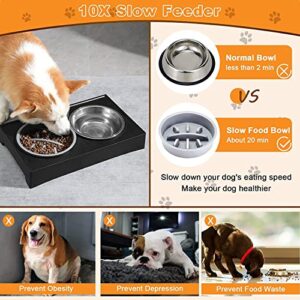 Elevated Dog Bowls for Large Dogs, Medium and Small, 10° Tilted 3 Adjustable Heights Raised Dog Bowl Stand with 1 Slow Feeder Dog Bowl & 2 Stainless Steel Dog Bowls,Elevated Slow Feeder Dog Bowls