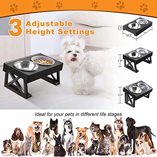 Elevated Dog Bowls for Large Dogs, Medium and Small, 10° Tilted 3 Adjustable Heights Raised Dog Bowl Stand with 1 Slow Feeder Dog Bowl & 2 Stainless Steel Dog Bowls,Elevated Slow Feeder Dog Bowls