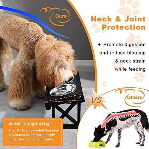 Elevated Dog Bowls for Large Dogs, Medium and Small, 10° Tilted 3 Adjustable Heights Raised Dog Bowl Stand with 1 Slow Feeder Dog Bowl & 2 Stainless Steel Dog Bowls,Elevated Slow Feeder Dog Bowls