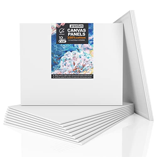 Canvas Panels 12 Pack 8x10 Inch, 100% Cotton 12.3 oz Triple Primed Canvases for Painting, Acid-Free Flat Thin Canvas Blank Art Canvas Boards for Acrylic Oil Watercolor Gouache Painting