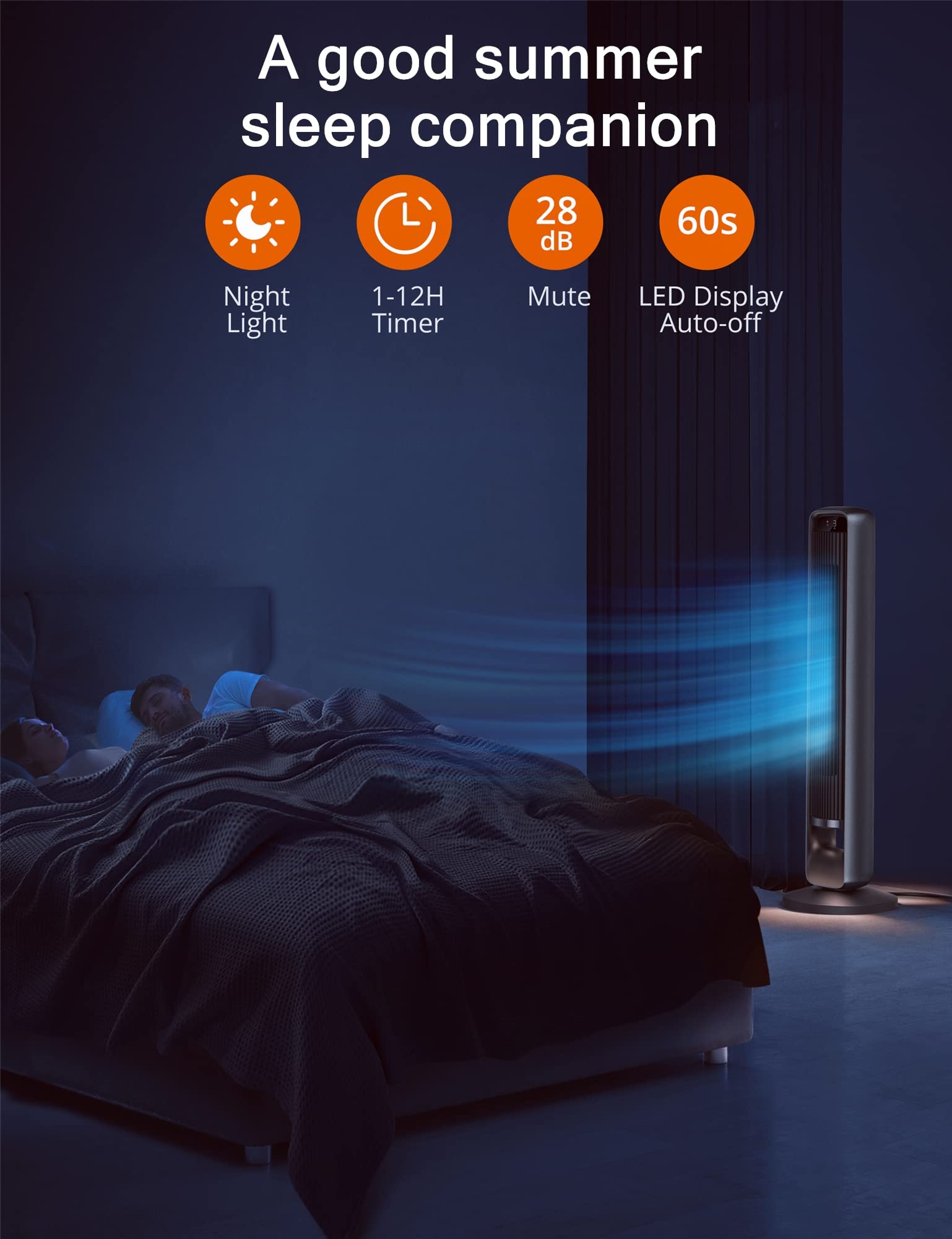 Delvit Tower Fan，90° Oscillating Fan with 12 Speeds, 4 Modes, Night Light, 12H Timer, LED Display，28db Quiet Portable Bladeless Fan Remote control for Bedroom, Living Room & Office