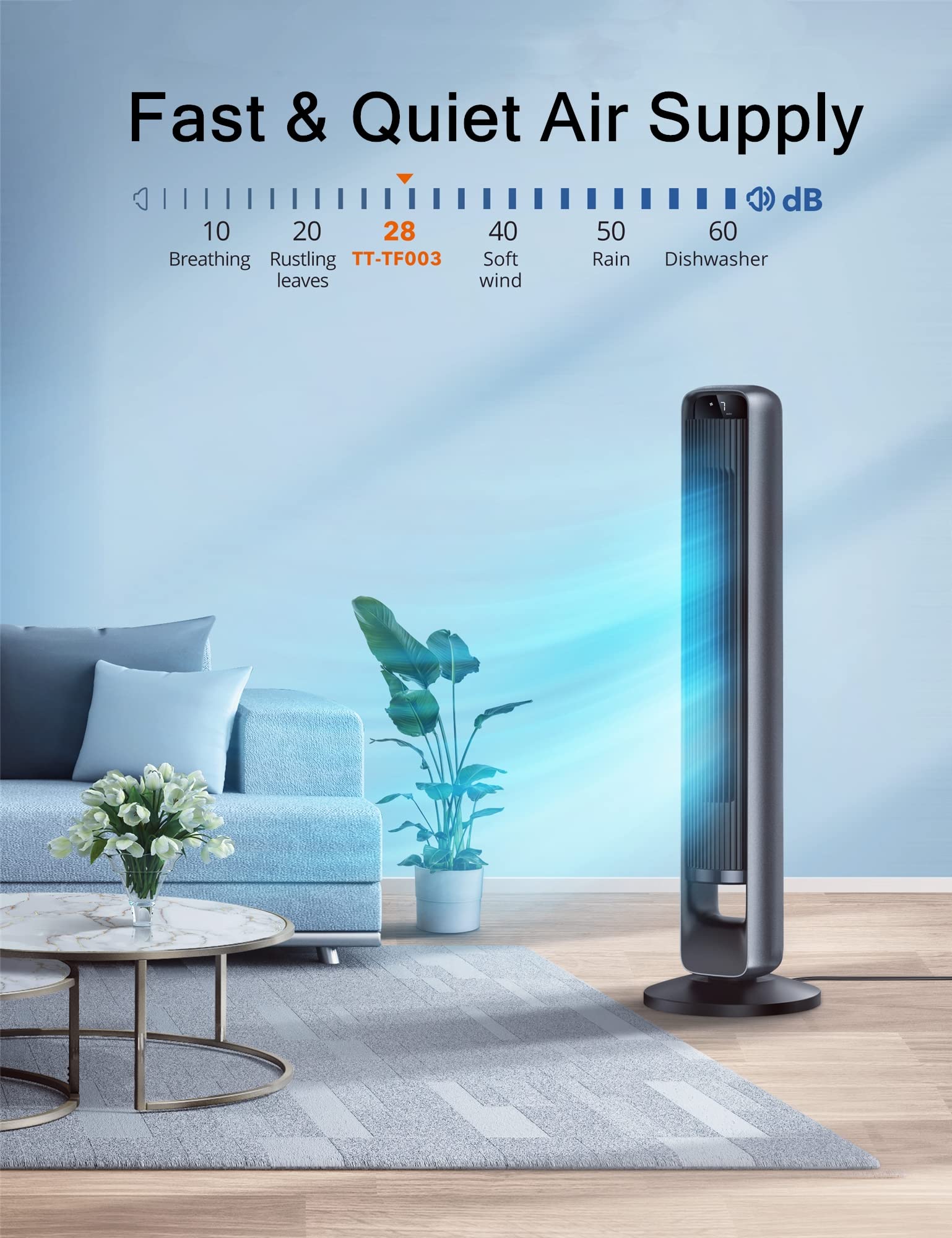 Delvit Tower Fan，90° Oscillating Fan with 12 Speeds, 4 Modes, Night Light, 12H Timer, LED Display，28db Quiet Portable Bladeless Fan Remote control for Bedroom, Living Room & Office