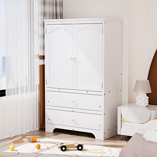 Rophefx 2 Door Kids Wardrobe with 2 Storage Drawers, Bedroom Armoire with Adjustable Shelf and Hanging Rod, Clothes Hanging Storage Rack, White