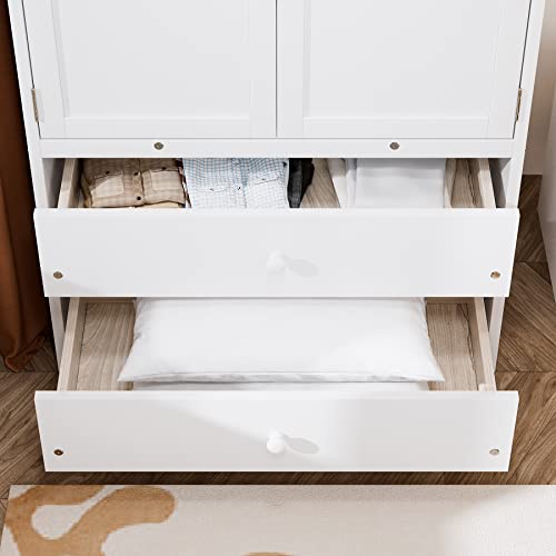 Rophefx 2 Door Kids Wardrobe with 2 Storage Drawers, Bedroom Armoire with Adjustable Shelf and Hanging Rod, Clothes Hanging Storage Rack, White