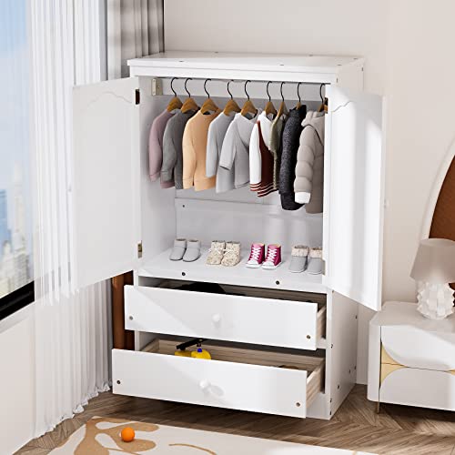 Rophefx 2 Door Kids Wardrobe with 2 Storage Drawers, Bedroom Armoire with Adjustable Shelf and Hanging Rod, Clothes Hanging Storage Rack, White