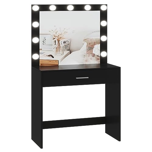 Rovaurx Vanity Table with Large Lighted Mirror, Makeup Vanity Dressing Table with Drawer, Bedroom Dressing Desk, 11 LED Light Bulbs & Adjustable Brightness, Black RSZT105B