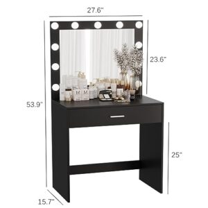 Rovaurx Vanity Table with Large Lighted Mirror, Makeup Vanity Dressing Table with Drawer, Bedroom Dressing Desk, 11 LED Light Bulbs & Adjustable Brightness, Black RSZT105B