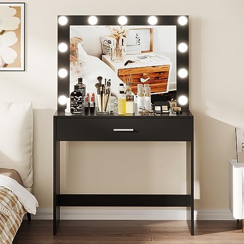 Rovaurx Vanity Table with Large Lighted Mirror, Makeup Vanity Dressing Table with Drawer, Bedroom Dressing Desk, 11 LED Light Bulbs & Adjustable Brightness, Black RSZT105B