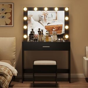 Rovaurx Vanity Table with Large Lighted Mirror, Makeup Vanity Dressing Table with Drawer, Bedroom Dressing Desk, 11 LED Light Bulbs & Adjustable Brightness, Black RSZT105B