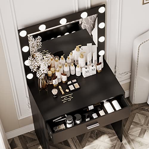 Rovaurx Vanity Table with Large Lighted Mirror, Makeup Vanity Dressing Table with Drawer, Bedroom Dressing Desk, 11 LED Light Bulbs & Adjustable Brightness, Black RSZT105B