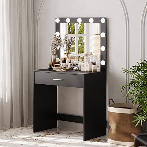 Rovaurx Vanity Table with Large Lighted Mirror, Makeup Vanity Dressing Table with Drawer, Bedroom Dressing Desk, 11 LED Light Bulbs & Adjustable Brightness, Black RSZT105B