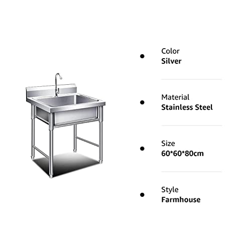 WDNMDY Free Standing 201 Stainless Steel Commercial Sink with Faucet Utility Sink Outdoor Sink Single Bowl Laundry Utility Room Sinks for Indoor Bathroom Restaurant, 60*60*80cm