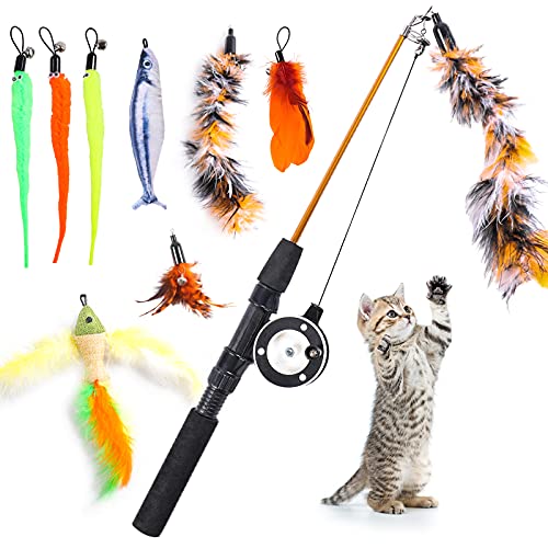 9 PCS Cat Fishing Pole Toy, Retractable Cat Feather Toys with Cat Wand Plush Fish Worm Feathers with Bells Catnip Interactive Cat Teaser Toys for Kitten Cat