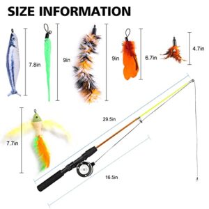 9 PCS Cat Fishing Pole Toy, Retractable Cat Feather Toys with Cat Wand Plush Fish Worm Feathers with Bells Catnip Interactive Cat Teaser Toys for Kitten Cat