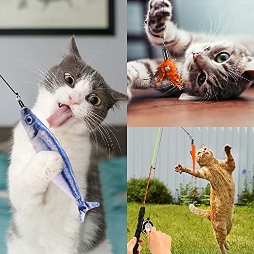 9 PCS Cat Fishing Pole Toy, Retractable Cat Feather Toys with Cat Wand Plush Fish Worm Feathers with Bells Catnip Interactive Cat Teaser Toys for Kitten Cat