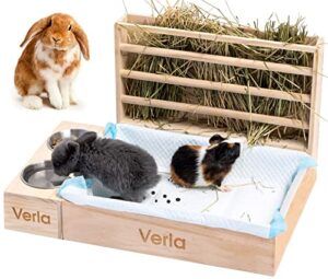 rabbit hay feeder with litter box and bowls, 3 in 1 wooden feeder toilet combo feeding manger for small pets guinea pig bunny hamster, hay rack litter pan bowls stand plastic box 2 bowls, kiln-dried