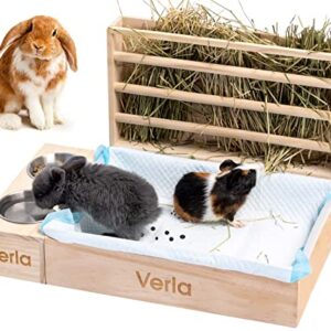 Rabbit Hay Feeder with Litter Box and Bowls, 3 in 1 Wooden Feeder Toilet Combo Feeding Manger for Small Pets Guinea Pig Bunny Hamster, Hay Rack Litter Pan Bowls Stand Plastic Box 2 Bowls, Kiln-Dried