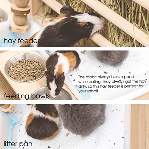 Rabbit Hay Feeder with Litter Box and Bowls, 3 in 1 Wooden Feeder Toilet Combo Feeding Manger for Small Pets Guinea Pig Bunny Hamster, Hay Rack Litter Pan Bowls Stand Plastic Box 2 Bowls, Kiln-Dried