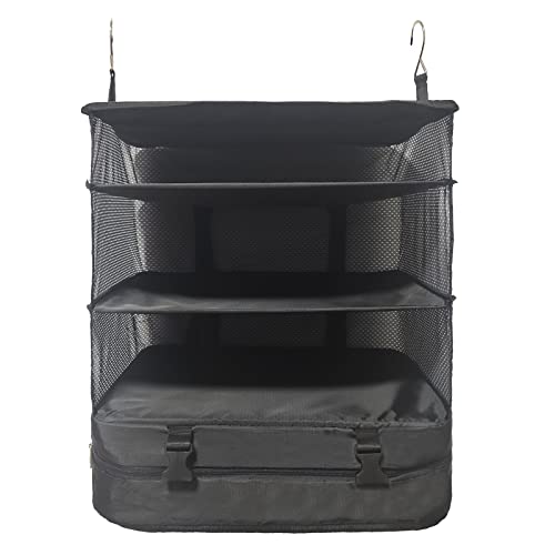 Tmzlier Portable Hanging 3-Shelf Travel Shelves Bag Packing Cube Organizer Suitcase Large Capacity Storage with 2 Hooks (Black, X-Large)