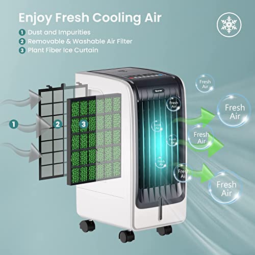 COSTWAY Evaporative Air Cooler, Portable 3-in-1 Air Cooler with Remote Control, 60° Oscillation, 2 Ice Crystal Boxes, 8-Hour Timer, Ultra Quiet Bladeless Evaporative Cooler for Bedroom Home Office