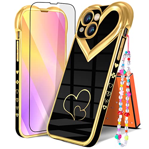 Flafens (3in1 Black Love Heart Case for iPhone 13 6.1" for Women Girls Cute Aesthetic Girly Luxury Pretty Plating Hearts Pattern Phone Cases Cover with Chain+Screen Protector for iPhone 13 6.1 Inches