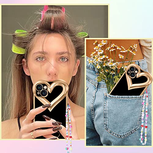 Flafens (3in1 Black Love Heart Case for iPhone 13 6.1" for Women Girls Cute Aesthetic Girly Luxury Pretty Plating Hearts Pattern Phone Cases Cover with Chain+Screen Protector for iPhone 13 6.1 Inches