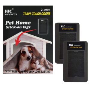 klc pet odor eliminator for strong odor | 100% natural carbon stick-on tag | 2-pack | deodorizer for cat box, dog crate, pet box | air freshener for cat litter room | litter box deodorizer | odor eliminator for cat odor & dog odor home | unscented & chemi