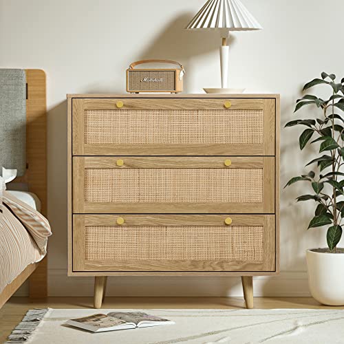 Anmytek Modern Rattan Wood Chest of 3 Drawer Dresser with Spacious Storage for Bedroom Living Room H0027, Rustic Oak