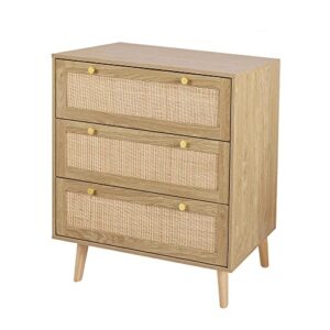 Anmytek Modern Rattan Wood Chest of 3 Drawer Dresser with Spacious Storage for Bedroom Living Room H0027, Rustic Oak