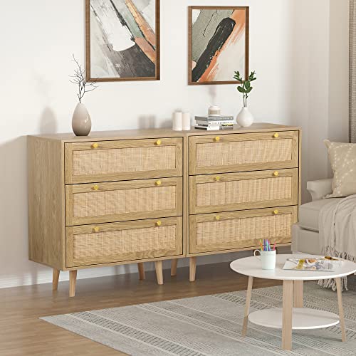 Anmytek Modern Rattan Wood Chest of 3 Drawer Dresser with Spacious Storage for Bedroom Living Room H0027, Rustic Oak