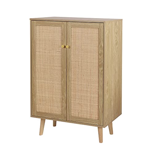 Anmytek Rattan Cabinet, 44" H Tall Sideboard Storage Cabinet with Crafted Rattan Front, Entry Cabinet Wood 2 Door Accent Cabinet with Adjustable Shelves Rustic Oak, H0030