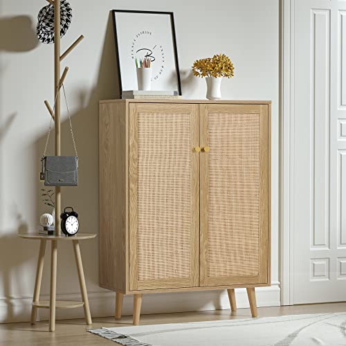 Anmytek Rattan Cabinet, 44" H Tall Sideboard Storage Cabinet with Crafted Rattan Front, Entry Cabinet Wood 2 Door Accent Cabinet with Adjustable Shelves Rustic Oak, H0030