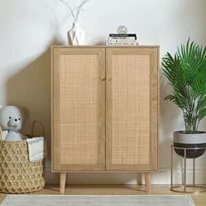 Anmytek Rattan Cabinet, 44" H Tall Sideboard Storage Cabinet with Crafted Rattan Front, Entry Cabinet Wood 2 Door Accent Cabinet with Adjustable Shelves Rustic Oak, H0030