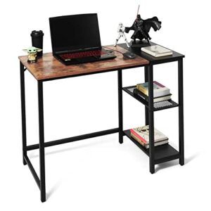 caphaus computer desk, 40 inch home office desk, study writing desk with 2-tier storage shelves, simple industrial modern laptop workstation with splice p2 grade wooden board, rustic oak and black