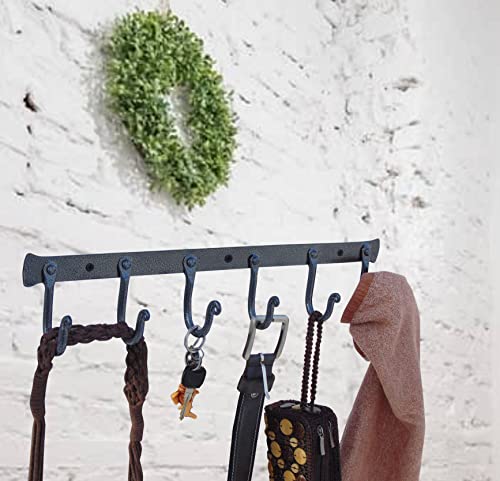 BOSKY Coat Rack Wall Mounted Heavy Duty Wrought Iron 6 Large Coat Hooks Rail | Home Decor No Rust Hooks for Hanging Clothes,Purses,Jacket,Hats,Towel (Rustic Silver)