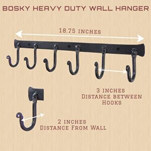 BOSKY Coat Rack Wall Mounted Heavy Duty Wrought Iron 6 Large Coat Hooks Rail | Home Decor No Rust Hooks for Hanging Clothes,Purses,Jacket,Hats,Towel (Rustic Silver)