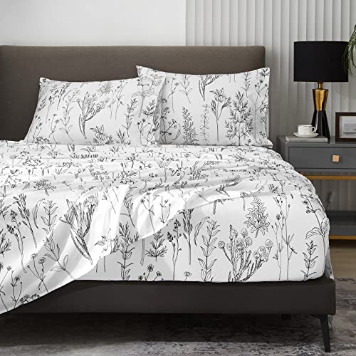 HYPREST Floral Bed Sheets King Size, 18 inches Deep Pocket Sheets 1800 Thread Count, Black and White Leaf Sheet Set Soft Breathable Cute Aesthetic Sheets Shabby Chic Bed Sheets,Oeko-Tex Certificated