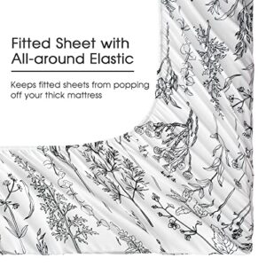 HYPREST Floral Bed Sheets King Size, 18 inches Deep Pocket Sheets 1800 Thread Count, Black and White Leaf Sheet Set Soft Breathable Cute Aesthetic Sheets Shabby Chic Bed Sheets,Oeko-Tex Certificated