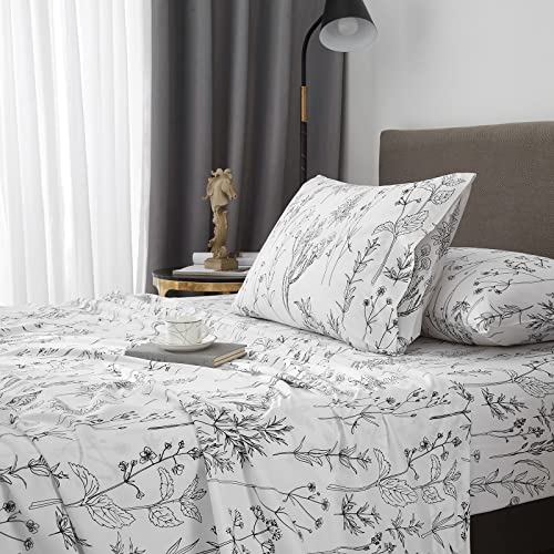 HYPREST Floral Bed Sheets King Size, 18 inches Deep Pocket Sheets 1800 Thread Count, Black and White Leaf Sheet Set Soft Breathable Cute Aesthetic Sheets Shabby Chic Bed Sheets,Oeko-Tex Certificated