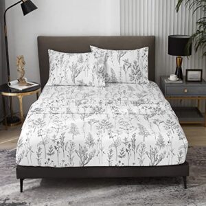 HYPREST Floral Bed Sheets King Size, 18 inches Deep Pocket Sheets 1800 Thread Count, Black and White Leaf Sheet Set Soft Breathable Cute Aesthetic Sheets Shabby Chic Bed Sheets,Oeko-Tex Certificated