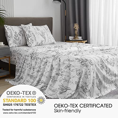 HYPREST Floral Bed Sheets King Size, 18 inches Deep Pocket Sheets 1800 Thread Count, Black and White Leaf Sheet Set Soft Breathable Cute Aesthetic Sheets Shabby Chic Bed Sheets,Oeko-Tex Certificated