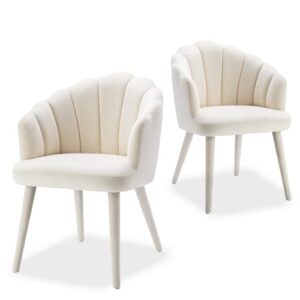 chairus velvet dining chairs set of 2, upholstered mid-century modern living room chairs comfy accent armchairs for bedroom kitchen vanity with petal back & fabric covered wooden legs, cream