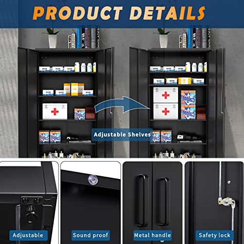 Yizosh Metal Garage Storage Cabinet with 2 Doors and 4 Adjustable Shelves - 71" Steel Lockable File Cabinet,Locking Tool Cabinets for Office,Home,Garage,Gym,School (Black)