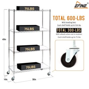 EFINE Chrome 4-Shelf Shelving Units and Storage Rack on Wheels with Shelf Liners Set of 4, NSF Certified, Adjustable Matel Wire Shelving Unit Rack for Garage, Kitchen, Office(30W x 14D x 50H)