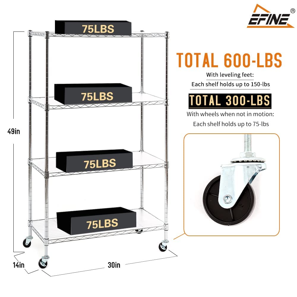 EFINE Chrome 4-Shelf Shelving Units and Storage Rack on Wheels with Shelf Liners Set of 4, NSF Certified, Adjustable Matel Wire Shelving Unit Rack for Garage, Kitchen, Office(30W x 14D x 50H)