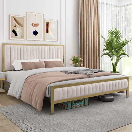 Full Size Bed Frame, Velvet Upholstered Platform Bed Frame Full Size, Golden Metal Bed Frame with Headboard and Footboard, Wooden Slat Support/Mattress Foundation/No Box Spring Needed, Golden/Beige