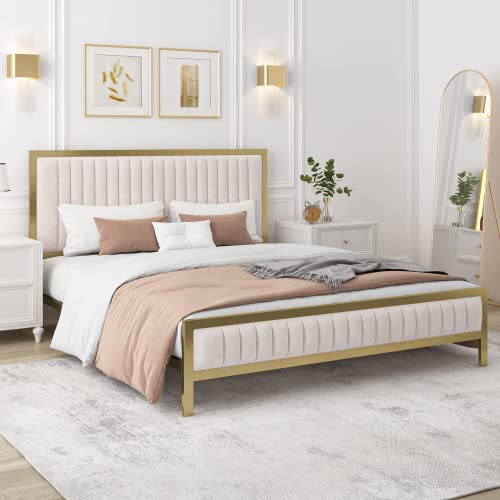 Full Size Bed Frame, Velvet Upholstered Platform Bed Frame Full Size, Golden Metal Bed Frame with Headboard and Footboard, Wooden Slat Support/Mattress Foundation/No Box Spring Needed, Golden/Beige