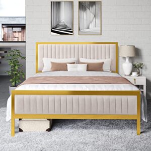 Full Size Bed Frame, Velvet Upholstered Platform Bed Frame Full Size, Golden Metal Bed Frame with Headboard and Footboard, Wooden Slat Support/Mattress Foundation/No Box Spring Needed, Golden/Beige