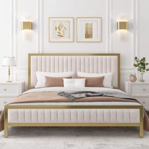 Full Size Bed Frame, Velvet Upholstered Platform Bed Frame Full Size, Golden Metal Bed Frame with Headboard and Footboard, Wooden Slat Support/Mattress Foundation/No Box Spring Needed, Golden/Beige